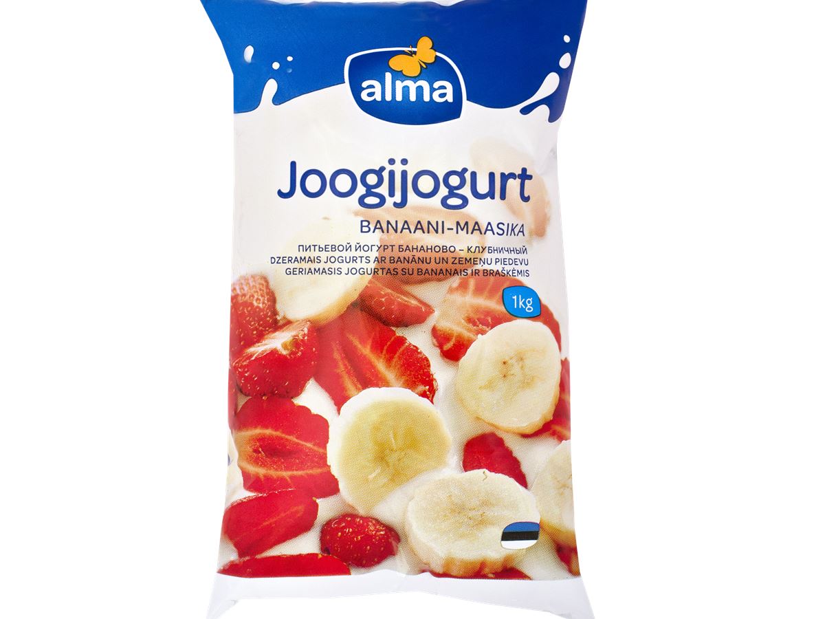 Alma banana-strawberry drinking yoghurt 1kg plastic pouch | Valio